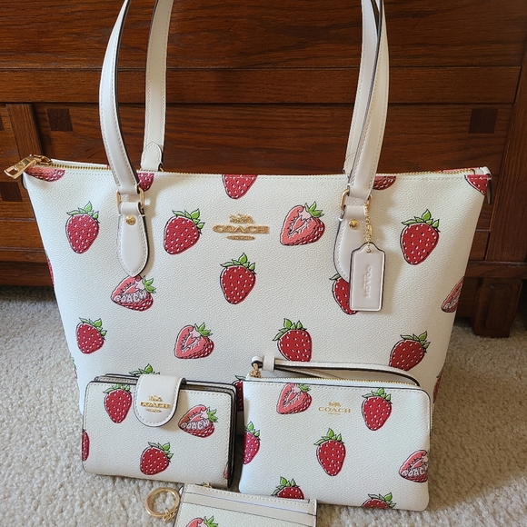 Coach | Bags | Coach Strawberry Print Tote Bag Set Cream And Red | Poshmark